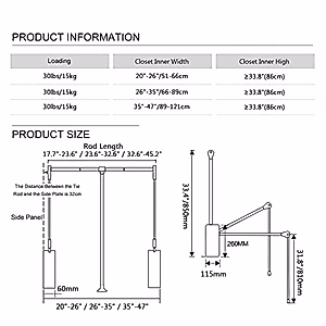 mellifuous Pull Down Closet Rod Adjustable Extender Closet Hanging Rod, 30 lbs Load Capacity Closet Bar for Hanging Clothes, Wardrobe Lift Saving Space Aluminium Rod Automatic Rebound (26''-35'')