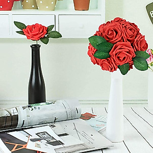 Artificial Flowers 50PCS Fake Foam Roses Faux Flower Real Looking Artificial Roses for Crafts Wedding Bouquets DIY Party Baby Shower Centerpieces Floral Arrangements Home Garden Decorations (Red)