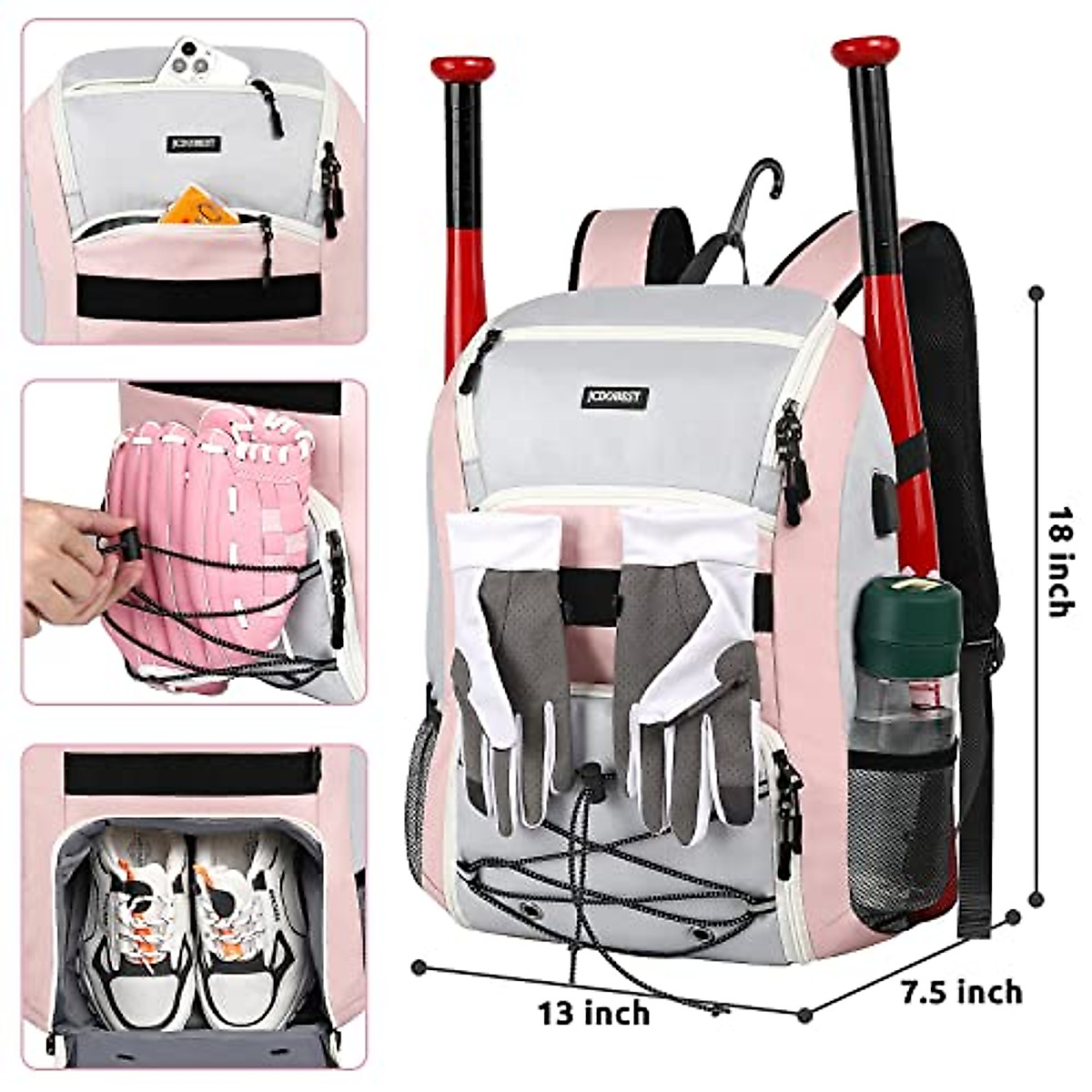 Baseball Backpack, Baseball Bag with USB Charging Port, Youth Softball Bat Bag with Vented Shoes Compartment, Lightweight Baseball Bag TBall Bat & Equipment with Fence Hook, Gift for Boy Girls