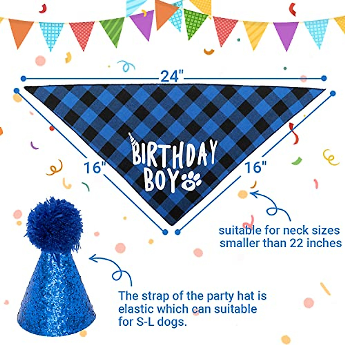 FLYSTAR Dog Birthday Bandana with Hat and Number - Plaid Cute Doggy Bandana for Small Medium Large Dogs Boy- Blue Triangle Scarf Bibis Party Dog Outfits