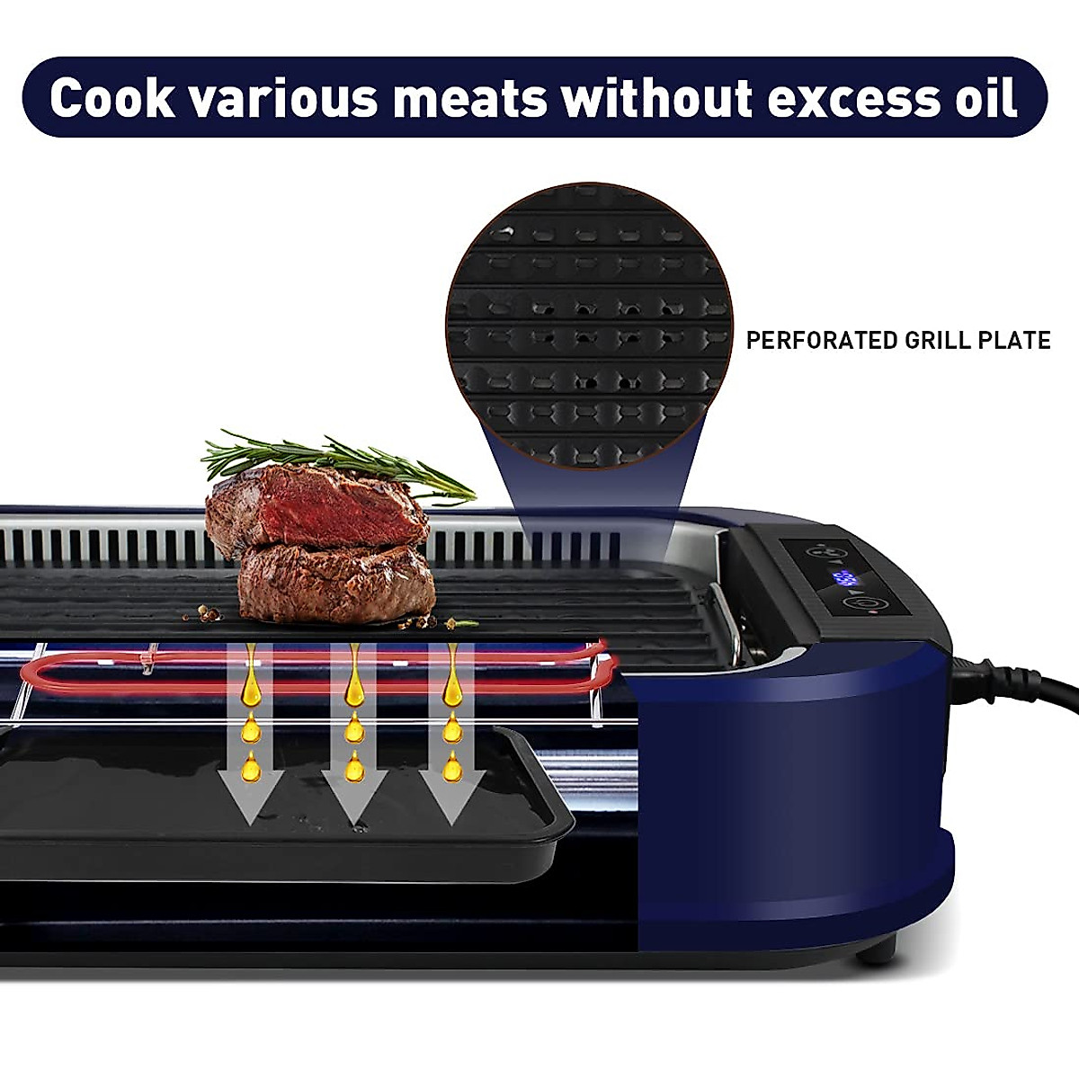 Smokeless Indoor Grill, CUSIMAX Electric Grill with Tempered Glass Lid, 1500 Indoor Grill & Flat Top Griddle for Cusimax Smokeless Grills, Pancake Griddle Plate, Dishwashe-safe, Blue