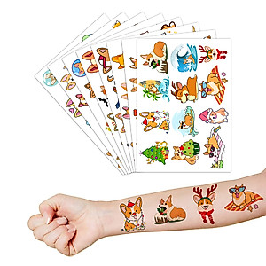 8 Sheet (96Pcs) Corgi Temporary tattoos for Kids, Pet Dog Birthday Party Decorations Favors Supplies Super Cute Tattoos Sticker Gifts for Boys Girls Baby Shower Prizes Rewards Christmas