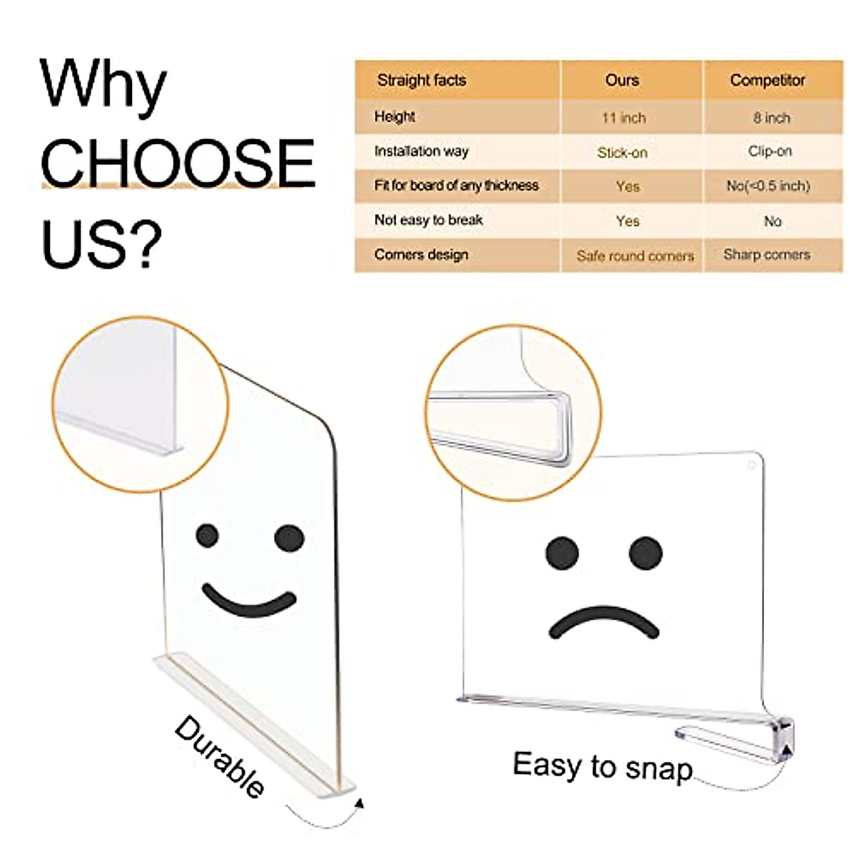 Fixwal 8pcs Acrylic Shelf Dividers, Clear Shelf Divider for Closets, Plastic Shelve Divider for Clothes Separators, Wood Shelves Organizer for Bedroom, Kitchen, Office, Cabinets, Bathroom