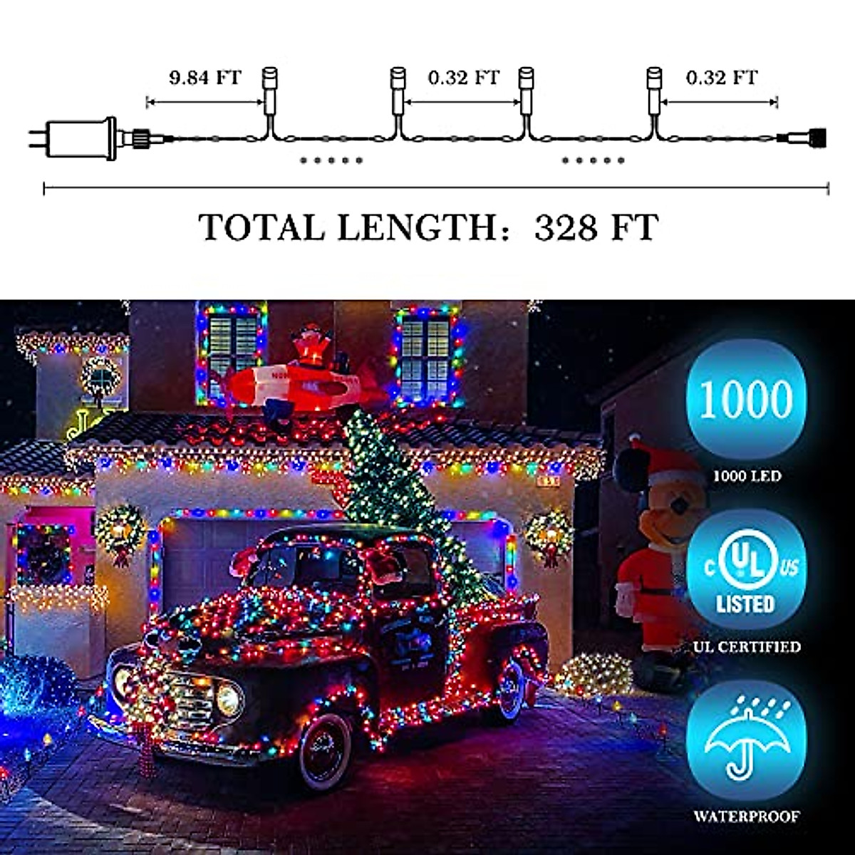 Areker 1000LED Christmas Lights Outdoor, 328ft Christmas Tree String Lights with Timer Function 8 Modes, Multicolor Christmas String Lights Plug in for Christmas Tree Party Wedding Halloween Garden