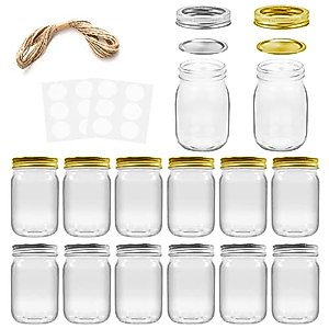 Mason Jars 16 oz with Lids, SPANLA Pint Canning Jars with Regular Lids and Bands,16 oz Glass Jars Ideal for Jam, Honey, Wedding Favors, Shower Favors, Baby Foods, 12 PACK, 12 Whiteboard Labels