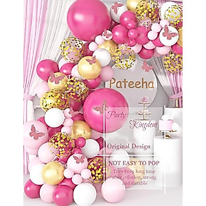 Pateeha Pink Balloon Garland Arch Kit 140 Pcs Hot Pink Gold Balloon Arch Baby Shower Decorations for Girl Butterfly Stickers Gold Confetti Latex Balloons for Birthday Bridal Shower Party Decorations