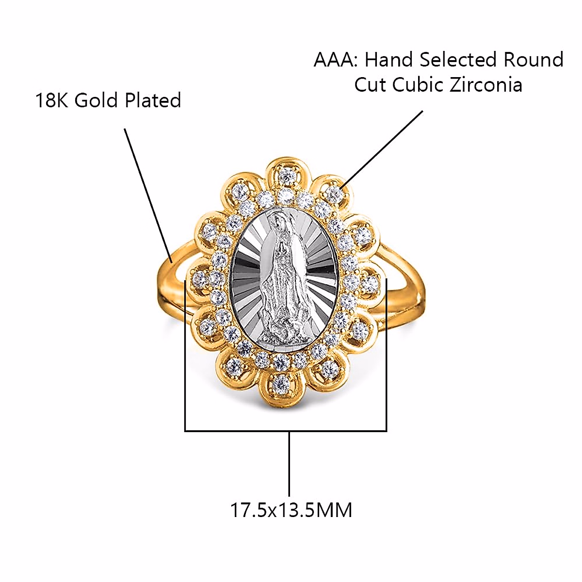 Savlano 18K Yellow & White Gold Plated Oval Lady of Guadalupe Virgin Mary with Round Cut Cubic Zirconia Women Religious Floral Ring (8)