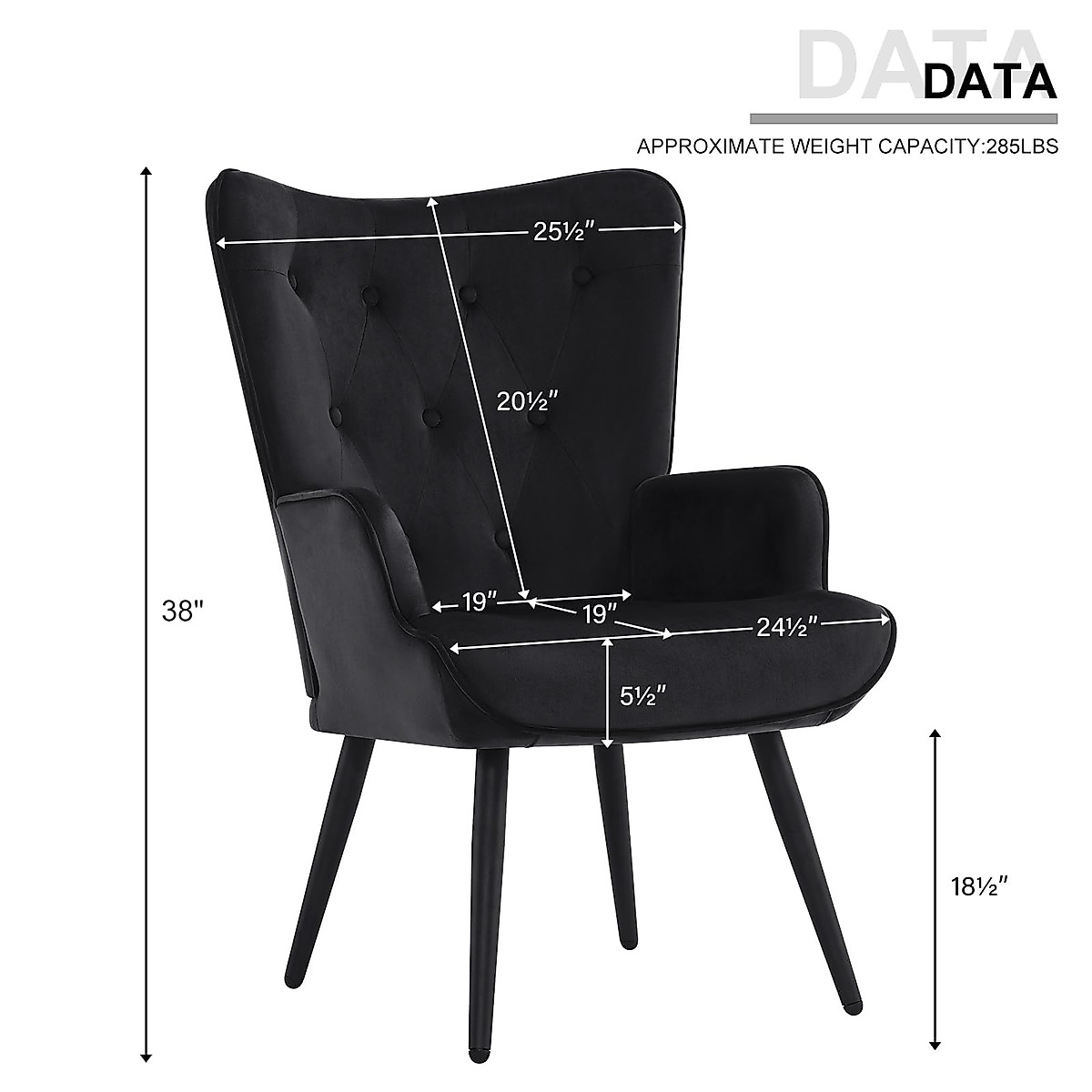 Furnimart Black Velvet Accent Chair Mid Century Modern Living Room Chairs; Comfy Armchair Leisure Vanity Guest Wingback Chair for Office Study Vanity Bedroom Waiting Room