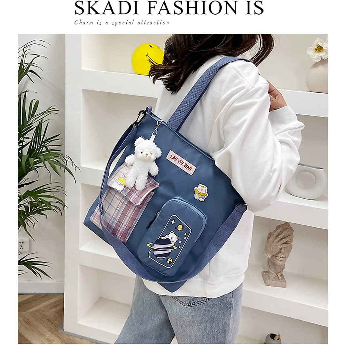 Kawaii Japanese School Bag Aesthetic Cute Ita Bags Crossbody Preppy Tote Bag Kawaii Backpack Purse Korean Stationary (Blue, One Size)