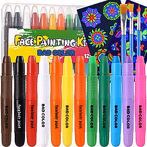 BADCOLOR Face Painting Kits for Kids, 12 Colors Twistable Face Paint Sticks, 3 Type Brushes, Water Based Washable Face Paint Crayons Kit for Halloween Cosplay Makeup Body Paints for Children Adult