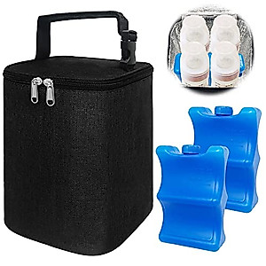Breastmilk Cooler Bag with Ice Pack,Baby Bottle Cooler Bag Fits 4 Bottles Suitable for Nursing Mom Daycare,Insulated Lunch Bag,Double Deck Cooling Bag,Black