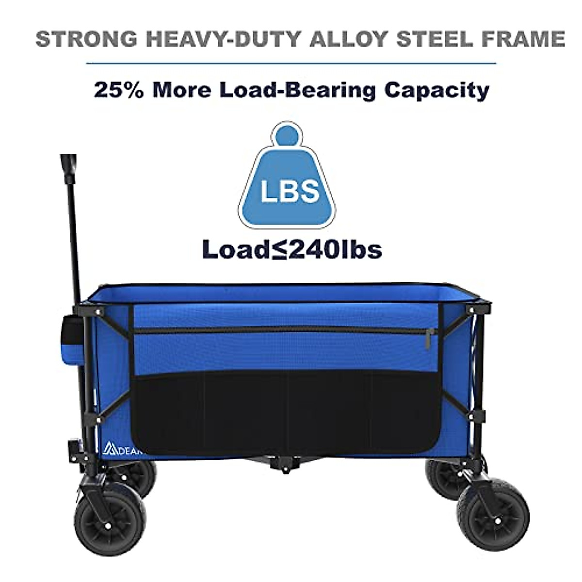 Mdeam 240L Collapsible Foldable Wagon, Heavy Duty Folding Utility Cart with Big All-Terrain Beach Wheels, Cup Holders, Side Pockets and Adjustable Handle for Camping, Garden, Sports, Shopping (Blue)