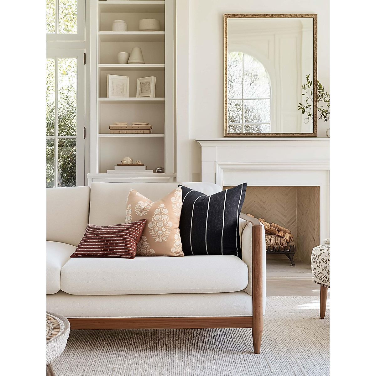 Crumbs Home Modern Farmhouse Fall Linen Indoor Outdoor Throw Pillow Cover Only, 22"x22" Water Repellent for Patio, Backyard, Couch, Black Neutral Vertical Stripes