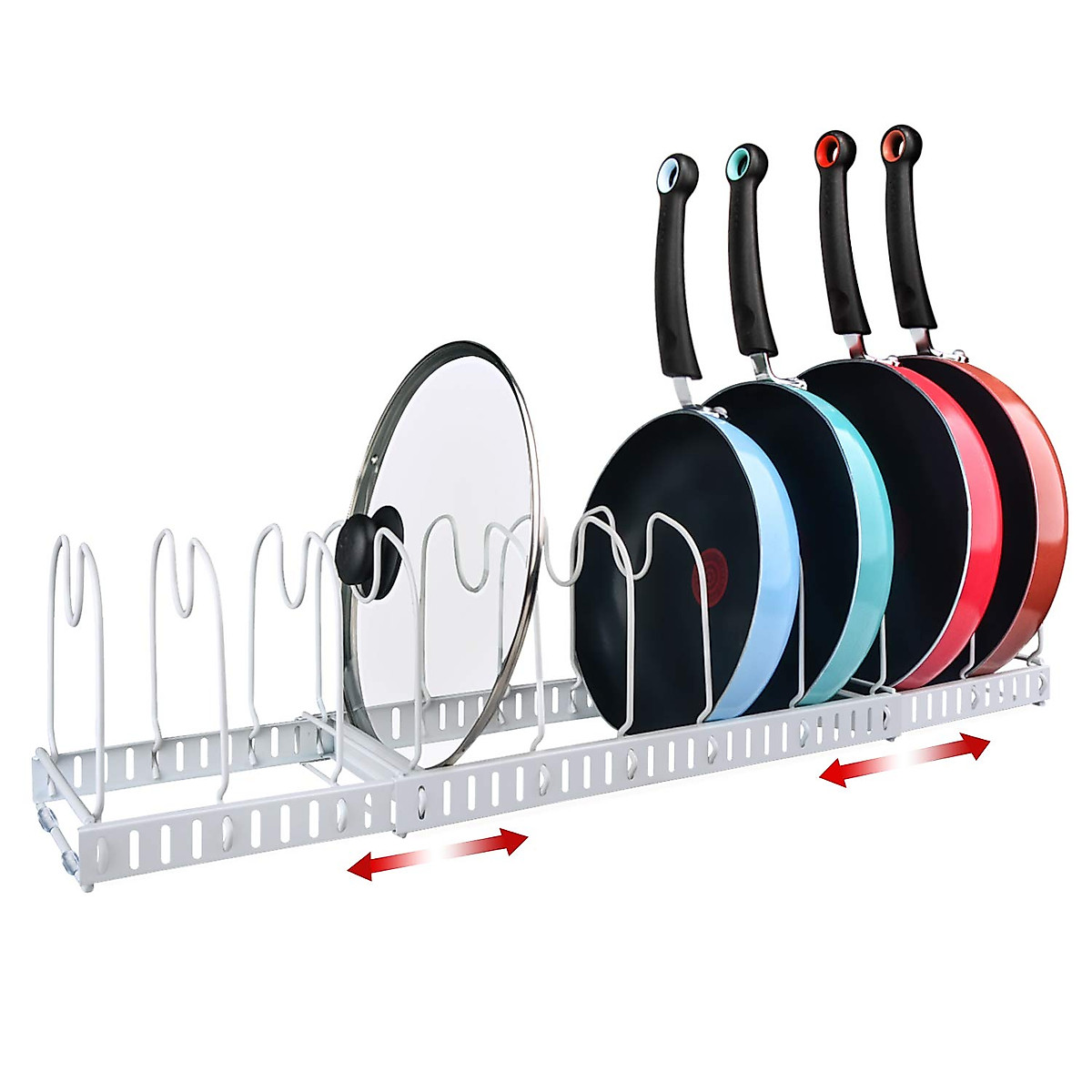 X-cosrack 11 Dividers Pot Pan Lid Rack Bakeware Cupboard Organizer, Expandable, Patent Pending. White