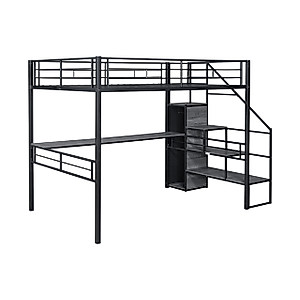 Oudiec Staircase Full Size Loft Bed with Built-in Desk & Wardrobe,Sturdy Bedframe w/Storage & Safety Guardrail,No Box Spring Needed,Perfect for Kids Bedroom,Black