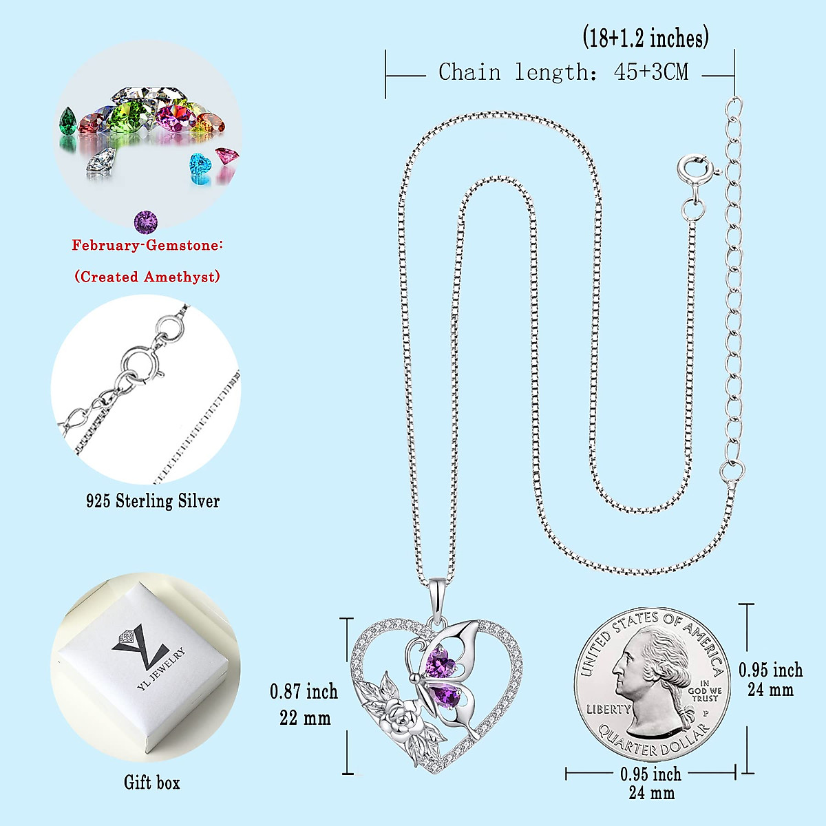 YL Women's Butterfly Necklace 925 Sterling Silver Flower Rose Pendant Created Amethyst Halo Jewelry