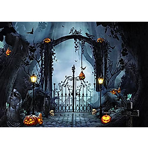 LYCGS 7X5FT Halloween Backdrop Horror Forest Night Halloween Backdrop for Photography Scary Pumpkin Lantern Tombstone Skull Photography Background Costume Ball Halloween Carnival Background X-58