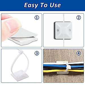 Strong Back-Glue Self Adhesive Cable Zip Tie Mounts Kit - 100 Set Cable Management Clips with 6" Zip Ties, Wire Holders and Screws - Outdoor Sticky Wire Organizer Clips - White