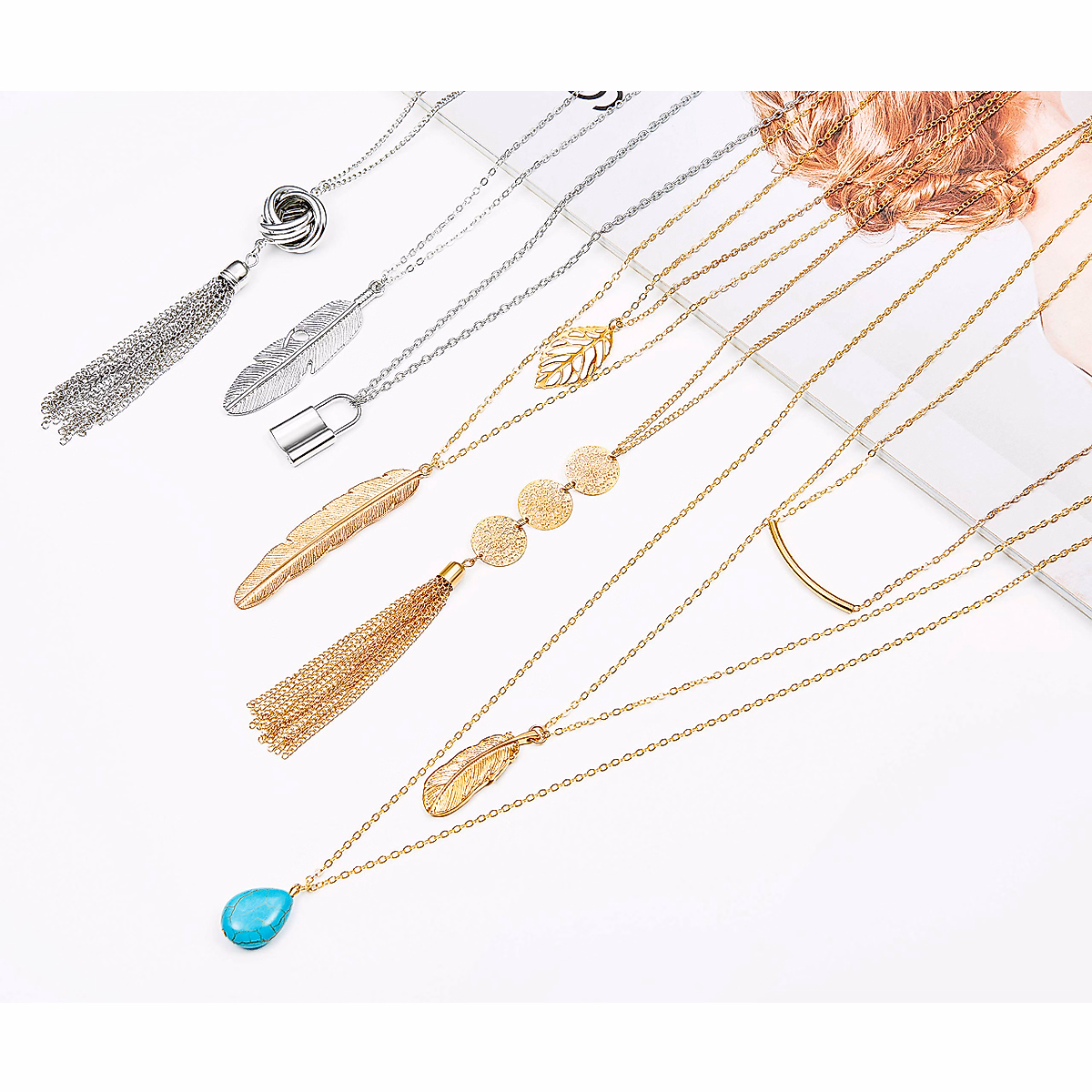 Fecsiory 12 Pcs Long Pendant Necklace for Women, Gold Bar Feather Triangle Leaf Lock Tassel Y Necklace Jewelry Set