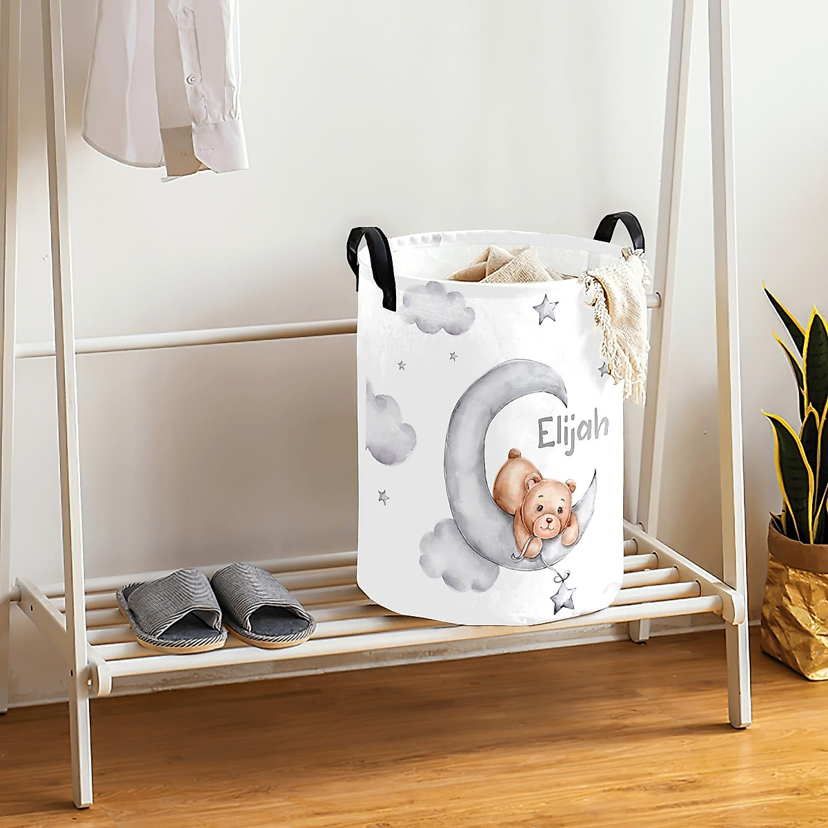 Teddy Bears on Clouds Personalized Laundry Basket,Custom Name Collapsible Waterproof Laundry Hamper Storage Bins with Handle for Clothes,Toys Nursery