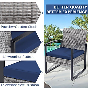 Murago 3 Pieces Patio Outdoor Wicker Bistro Furniture Set, Conversation Set, 2 Chairs Plus Table, for Porch, Balcony, Patio, Grey Frame with Blue Cushion