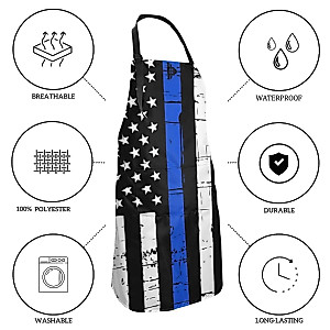 Granbey Blue Lives Matter Cooking Chef Apron Usa Police Flag Baking Aprons Patriotic Kitchen Bib Fourth of July Bibs Waterproof Polyester Bbq Apron with Pockets and with Adjustable Neck Straps Aprons