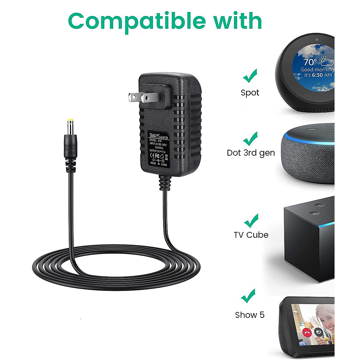 15W Power Cord Adapter Replacement for Alexa Echo Spot, Echo Dot 3rd Gen and 4th Gen