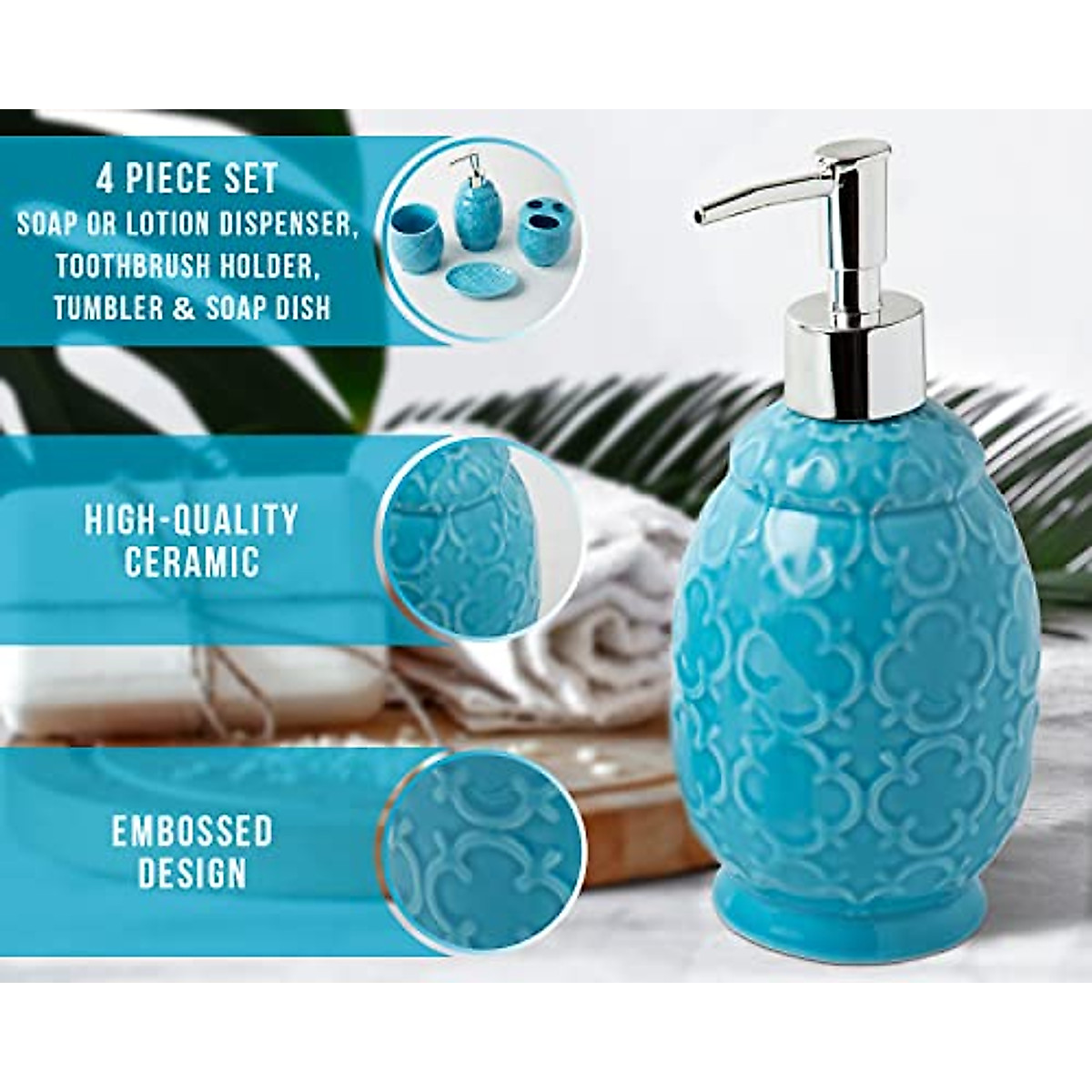 Designer 4-Piece Bathroom Accessory Set – Ceramic Bath Set w/Liquid Soap or Lotion Dispenser, Toothbrush Holder, Tumbler and Soap Dish – Decorative Set w/Embossed Details – Modern Vanity Accessories