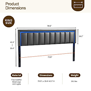 IKIFLY King Size LED Headboard with 2 USB Ports, Adjustable Height - Modern Faux Leather Headboard with Changing LED Lights - Easy Assembly, Upholstered King Headboard Only for Bedroom - Black