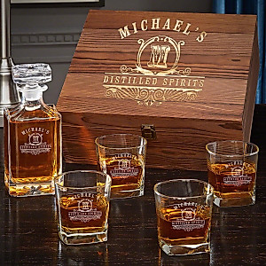 Personalized Whiskey Decanter Set with 4 Square Rocks Glasses - Gift Box Available