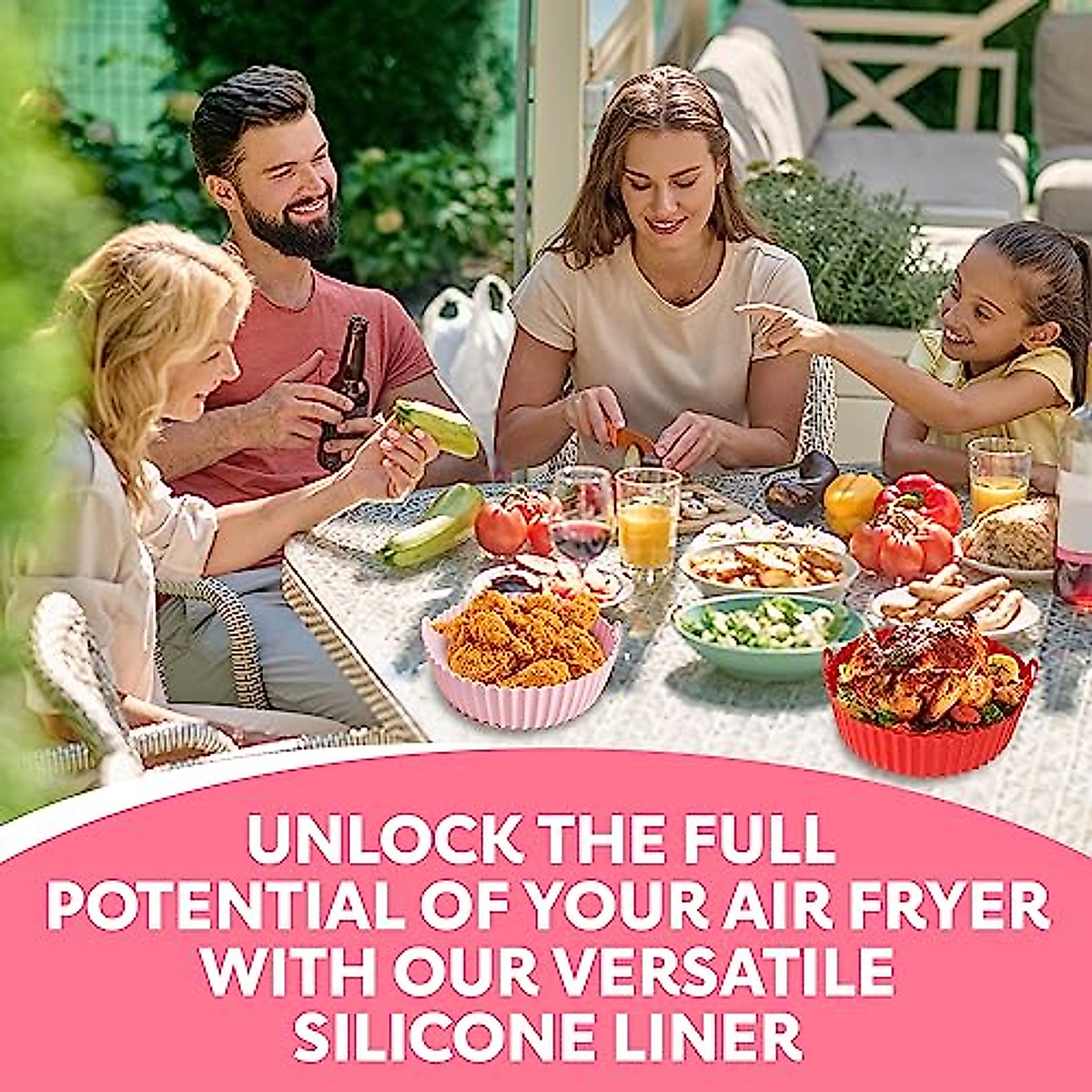 Hashimi Store Upgraded Air Fryer Silicone Liners with Heat Gloves-Pack of 2,Round Shape with Handles-Fit for 3 to 5 QT Air Fryer, Replace Paper with Silicone Air Fryer Liners (Red & Pink)