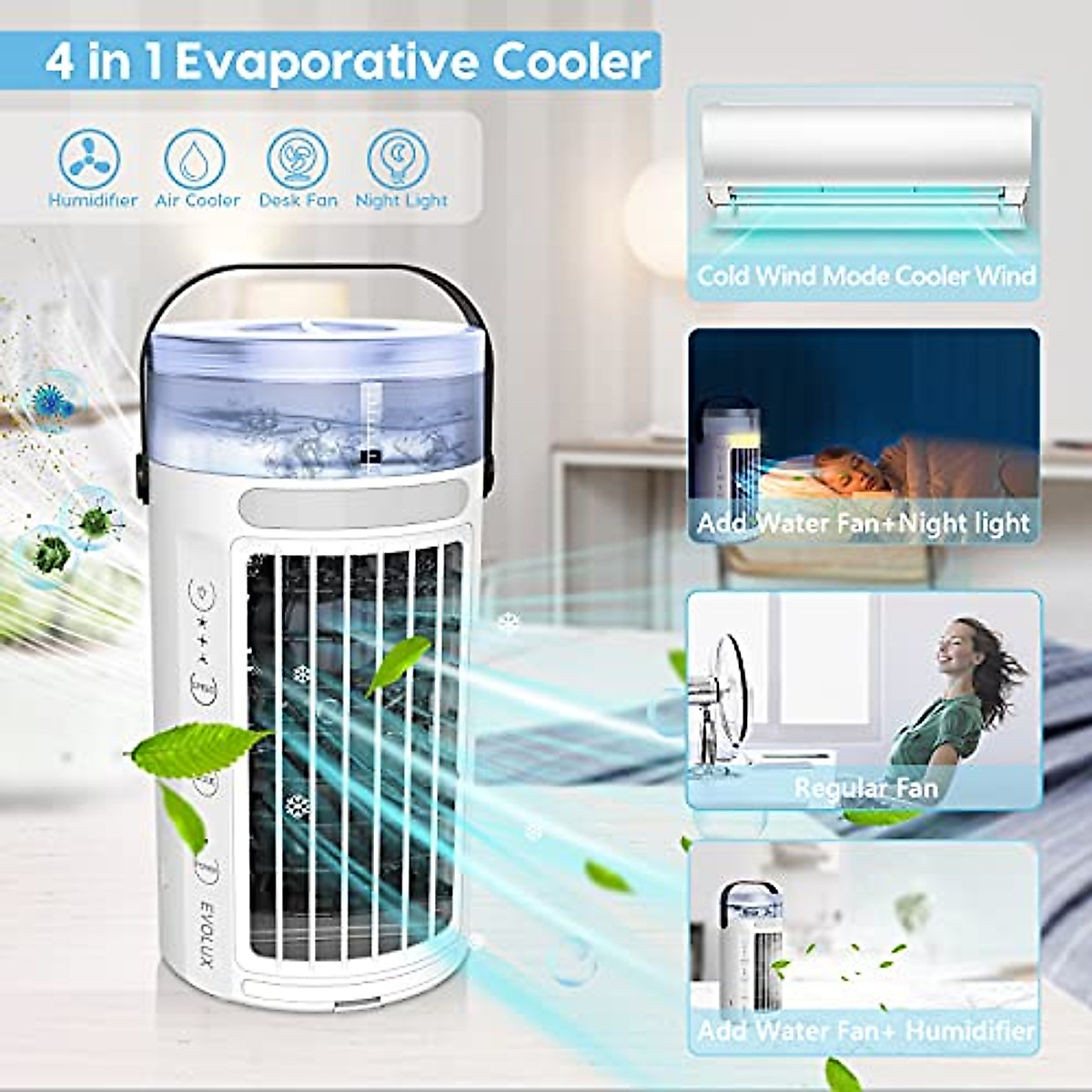Small Portable Air Conditioners for Car, 400 ML Mini Personal Portable Water Air Cooler with 7 Color LED Light, White AC Fans that Blow Cold Air Rechargeable