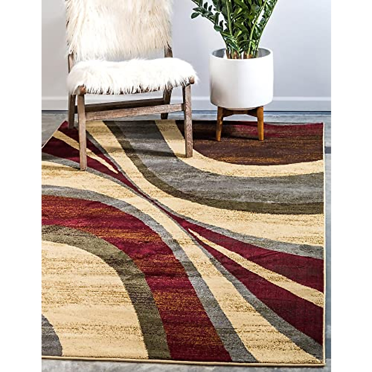 Unique Loom Barista Collection Modern, Abstract, Waves, Urban, Rustic, Warm Colors Area Rug, 8 ft x 10 ft, Beige/Burgundy