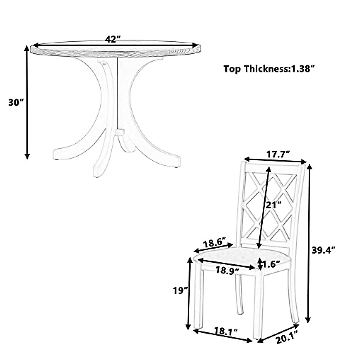 LIADTOP Modern, Mid-Century Solid Wood 5-Piece Set, 42'' Round Dining Table with 4 Upholstered Chairs for Small Places,Brown+Gray