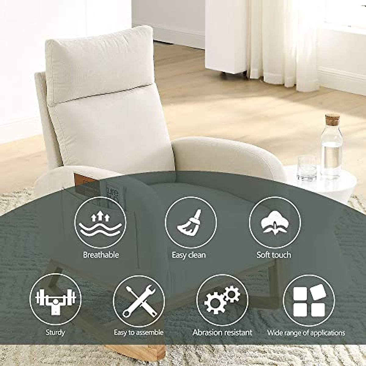 Krinana Nursery Rocking Chair with Solid Wood Legs, Glider Chair for Nursery with Two Side Pockets, Rocker Armchair for Living Room Bedroom (Beige, Linen Fabric)