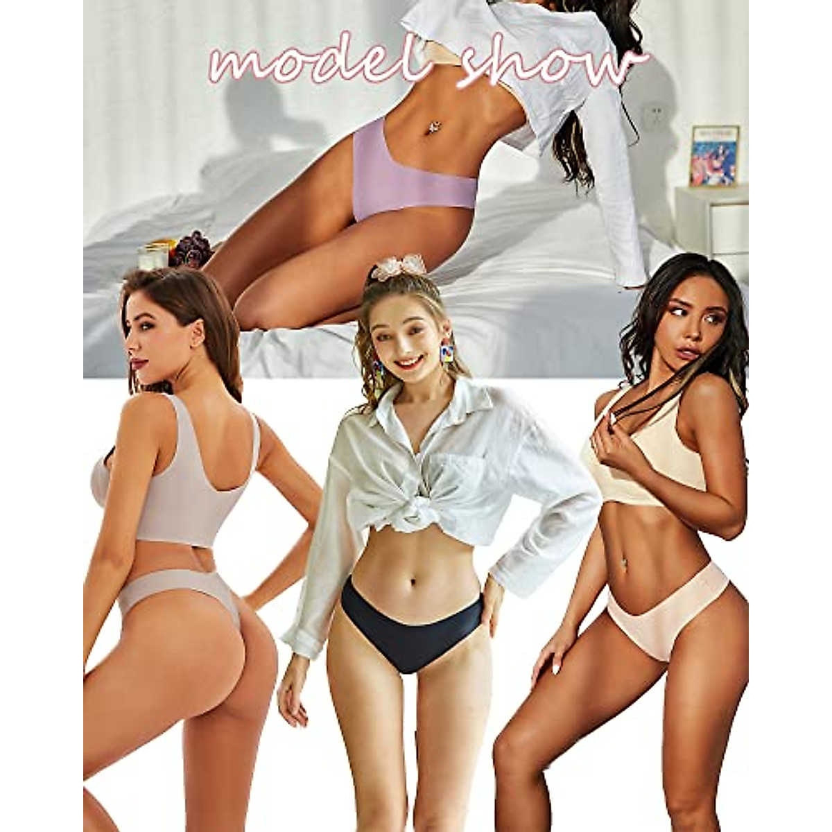 FINETOO 9 Pack Seamless Thongs for Women No Show Underwear V Waisted Comfortable Sexy Thong Panties XS-L