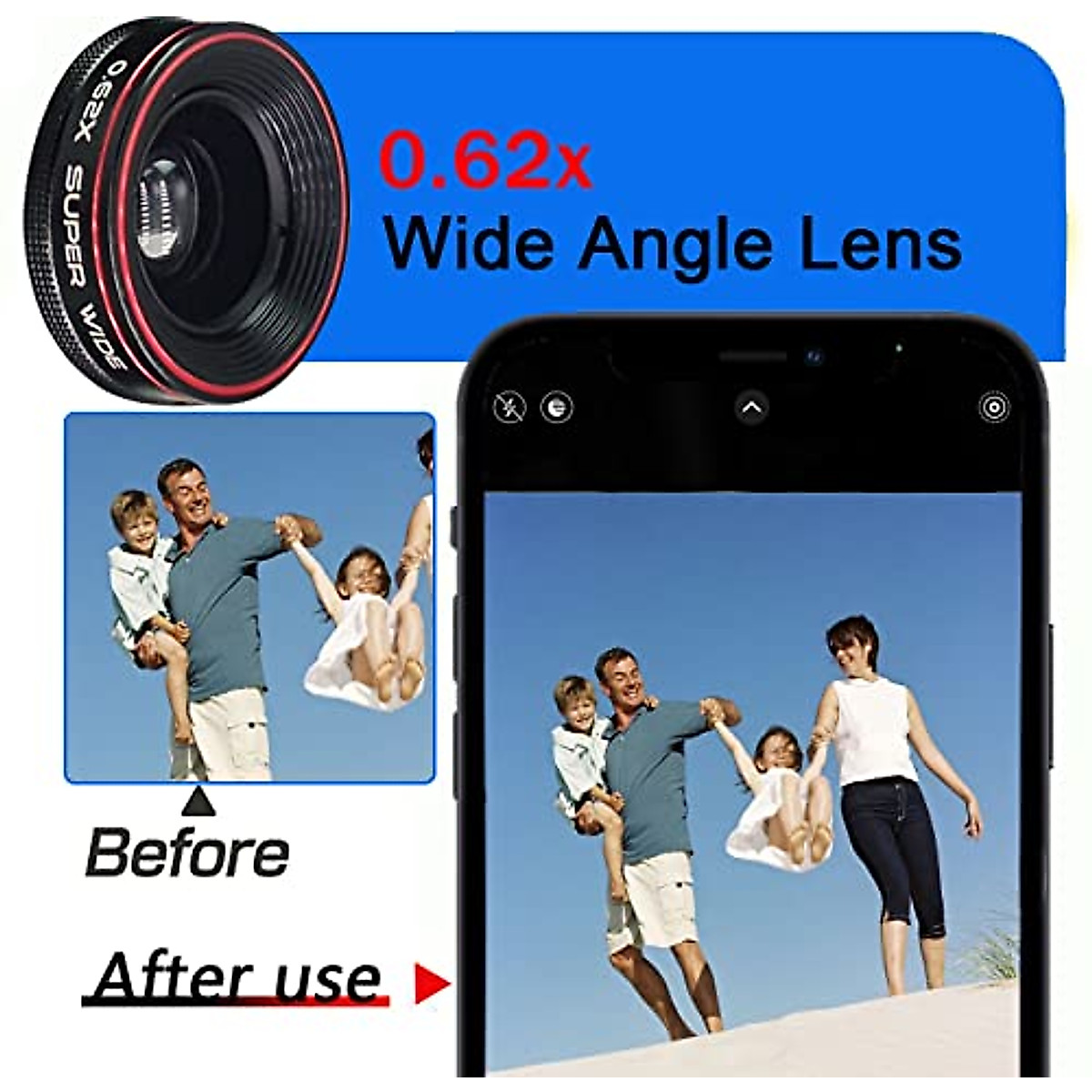 Phone Camera Lens, Clip on Cell HD Phone Super Wide Angle Lens kit, 0.62X Super Wide Angle Lens, for Most iPhone Android Samsung Phones and Smartphones