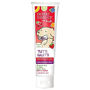 Desert Essence, Tutti Frutti Toothpaste Kids Gel, 4.7 oz. - Safe to Swallow, Fluoride Free, SLS Free, Gluten-Free, Vegan, Plant Powered Formula, Great Tasting, Removes Plaque and Buildup