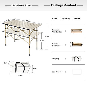 Hastoygo Folding Camping Table Loads 165 Lbs, Height Adjustable from 21.65" to 27.56", Picnic Table 47.24" x 21.65", Camp Table Portable with Carry Bag for Outdoor Cooking,Beach,Backyard,Tailgating