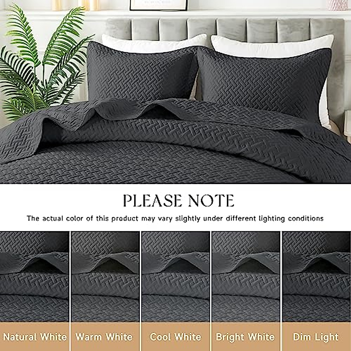 HYLEORY Quilt Set King Size - Soft Lightweight Quilts Summer Quilted Bedspreads - Reversible Coverlet Bedding Set for All Season 3 Piece (1 Quilt, 2 Pillow Shams) - Dark Grey