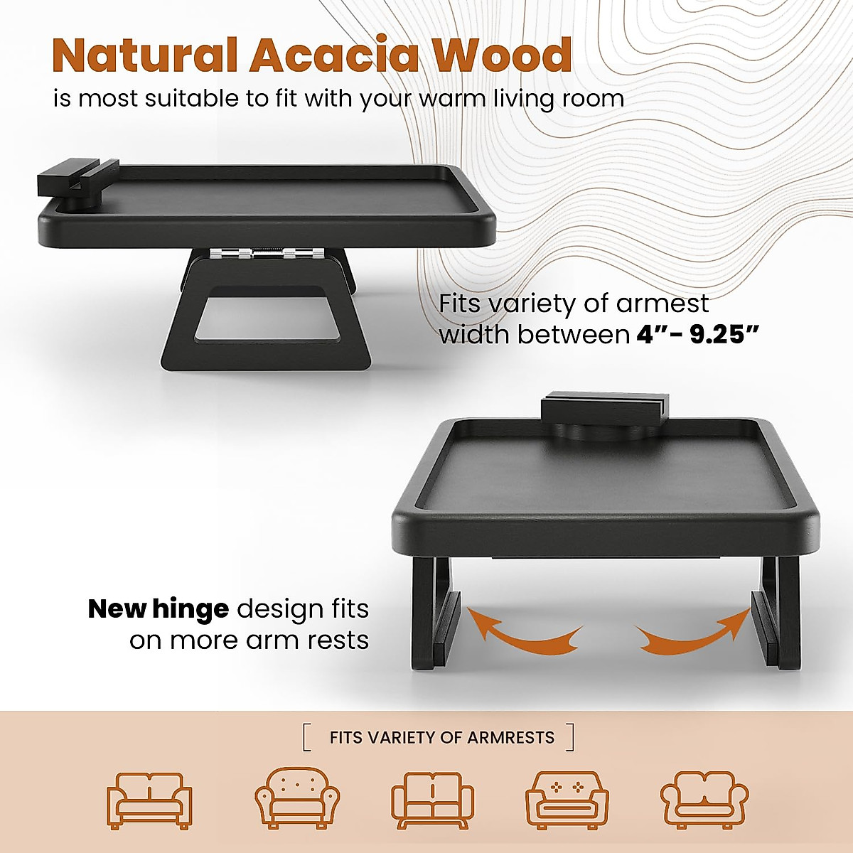 Tinamo Acacia Wood Sofa Armrest Tray - Large Sofa Arm Tray Table Clip - Couch Arm Table for Wide Couches - Wooden Side Tables for Small Spaces for Eating and Drink (Black, Large)