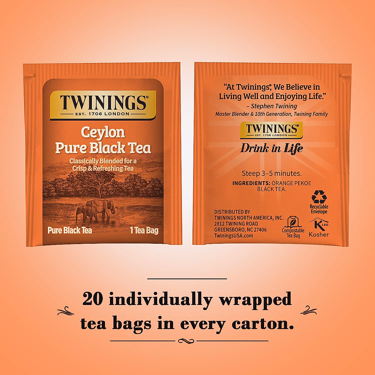 Twinings Ceylon Pure Black Tea - A Crisp, Refreshing Black Tea, Formerly Orange Pekoe, Caffeinated Tea Bags, Individually Wrapped, 20 Count (Pack of 2)