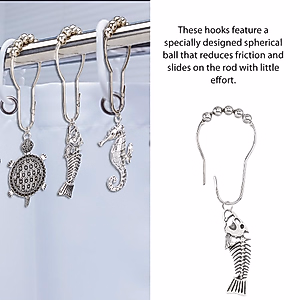 SUPERFINDINGS 12Pcs 6 Styles Ocean Theme Shower Curtain Rings Iron Shower Curtain Hooks Rings with Alloy Animal Pendants Starfish Fishbone Octopus Metal Shower Rings Hooks for Bathroom