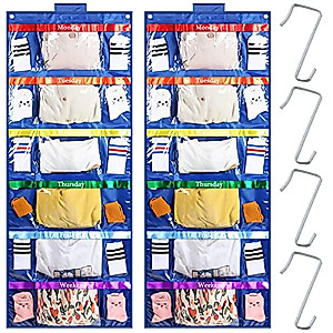 Amylove 2 Pack Days of the Week Kids Clothes Organizer with 4 Hooks Weekly Clothes Organizer for Kids Over the Door Portable Clothes Organizer Rainbow Kids Closet Organizers and Storage (Blue)