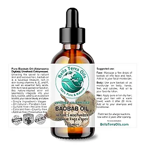 Bella Terra Oils - Baobab Oil 2 oz - Cold-Pressed Purity, Rich in Vitamin C & E, Omega-3, 6, 9 Fatty Acids, Ultimate Elixir for Nourished, Radiant Skin