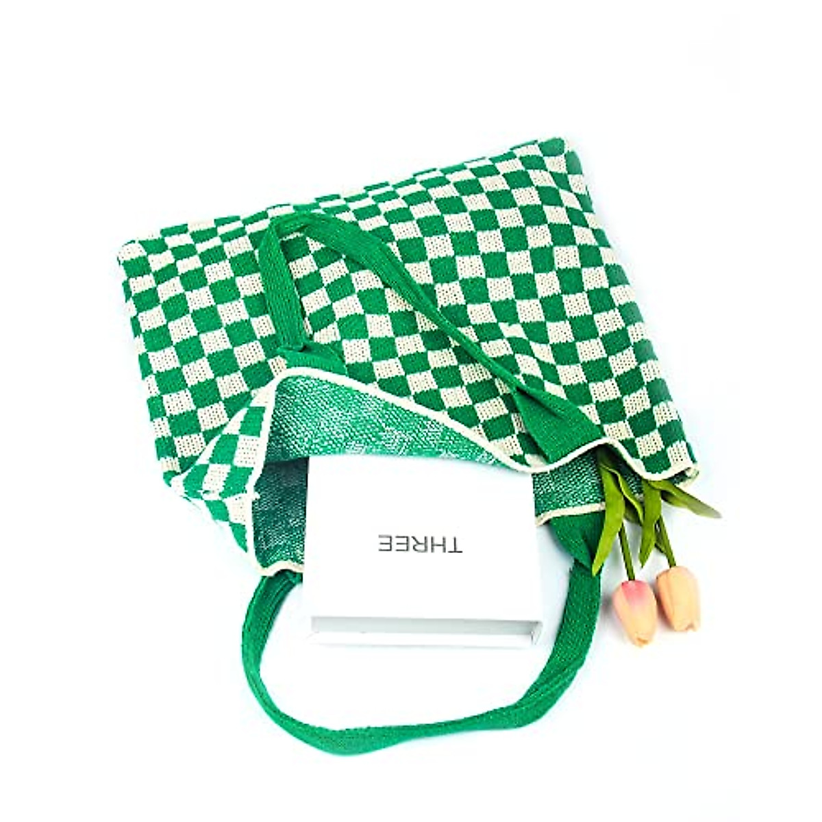 Stizimn Crochet Tote Bag for Women Shoulder Bag Handbags Knitting Hobo Bag Aesthetic Handmade Weaving Large Capacity (Checkerboard Pattern Green)