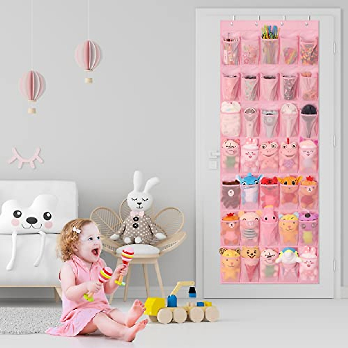 Over The Door Shoe Organizers Pink with 35 Durable Mesh Pockets Baby Organizer Storage Hanging Shoe Organizer Shoe Holder Rack For Toddler Girl Room Baby Room Craft Room Bedroom Pantry Bathroom Closet