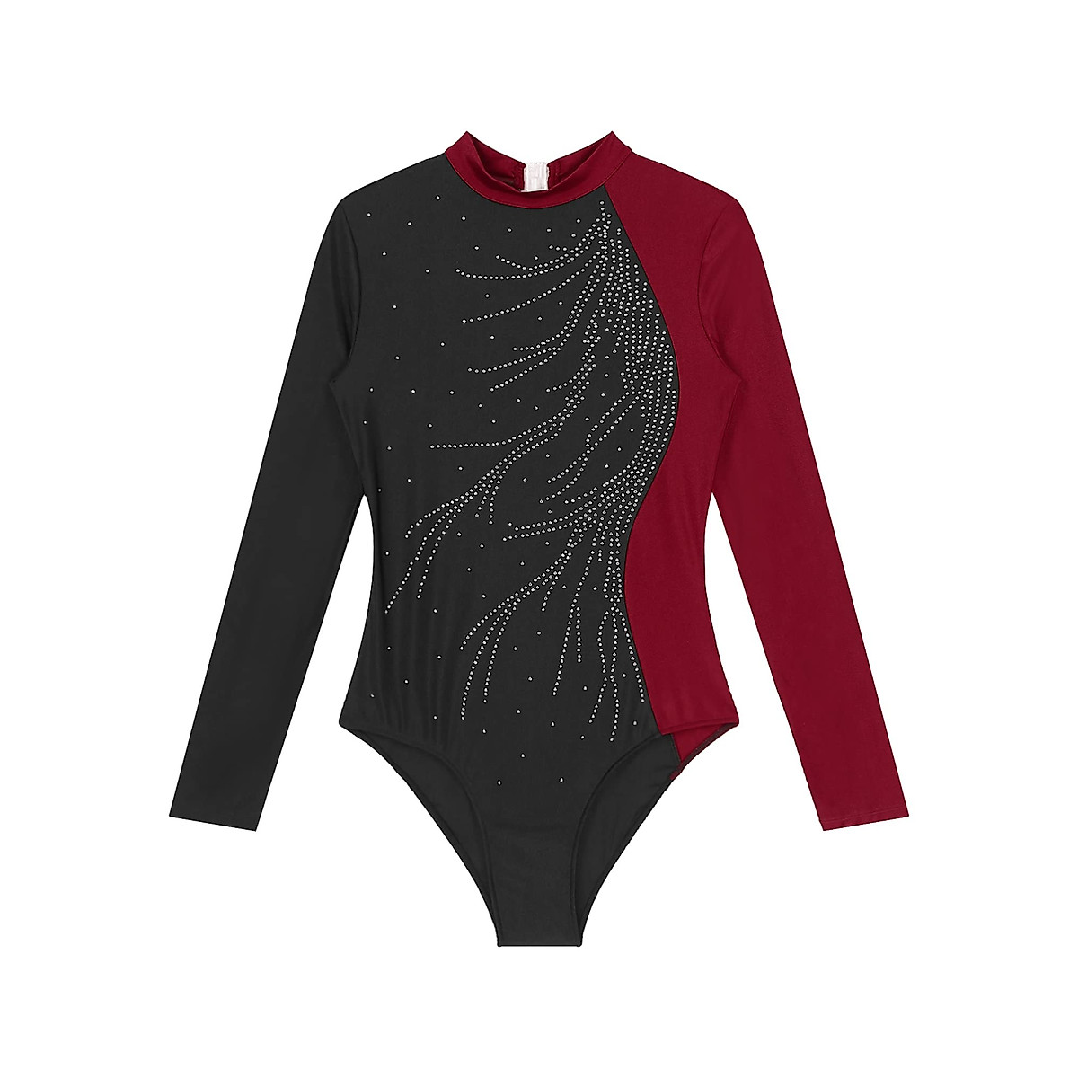 TiaoBug Women's Shiny Rhinestone Figure Skating Leotard Long Sleeves Ballet Dance Gymnastics Leotard Performance Dancewear Burgundy X-Large