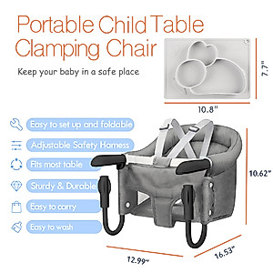 Hook On Chair with Tray, Fold-Flat Storage and Tight Fixing Clip on High Chair, Portable Baby Feeding Seat, High Chair for Home and Travel (Grey)
