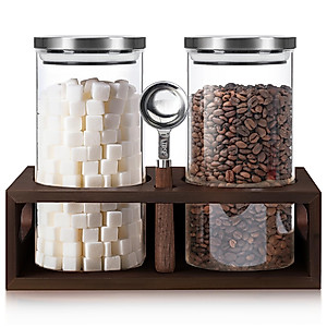 ComSaf Coffee Container for Ground Coffee, 44 OZ Coffee Canister with Stainless Lids, 2 PCS Glass Coffee Storage Container with Shelf, Coffee Bean Storage Jars with Metal Scoop Coffee Bar Accessories